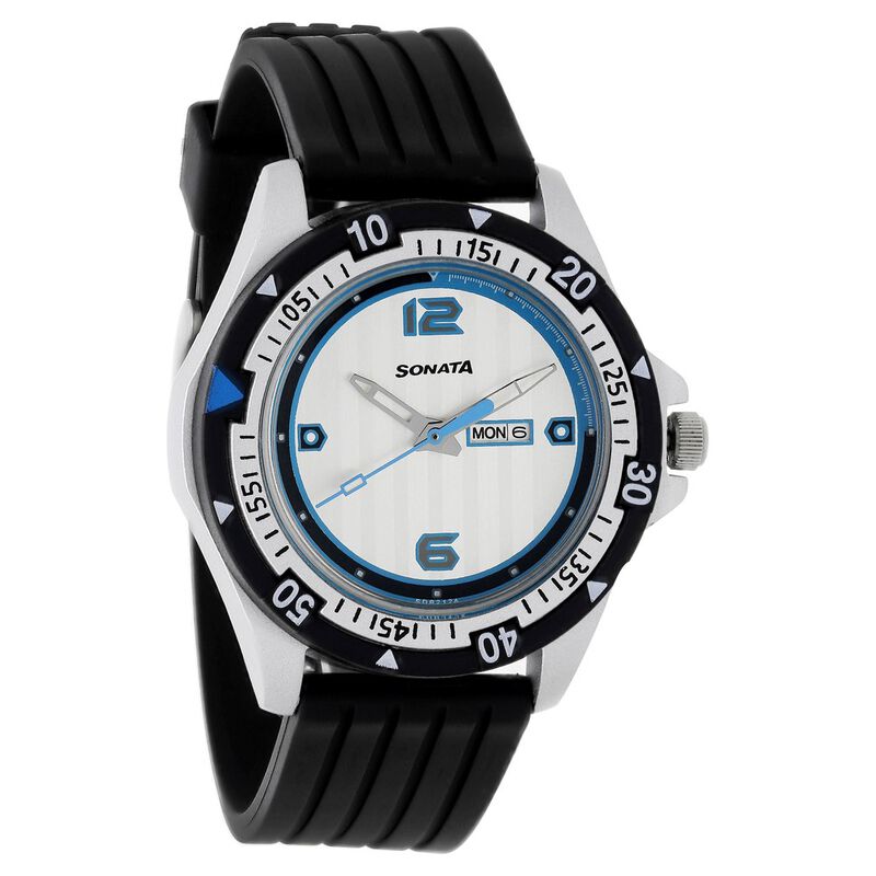 SF Quartz Analog Silver Dial Plastic Strap Watch for Men