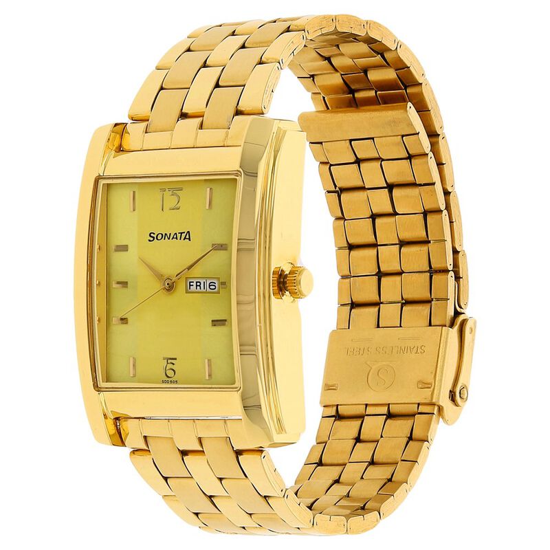 Sonata Quartz Analog with Day and Date Champagne Dial Stainless Steel ...