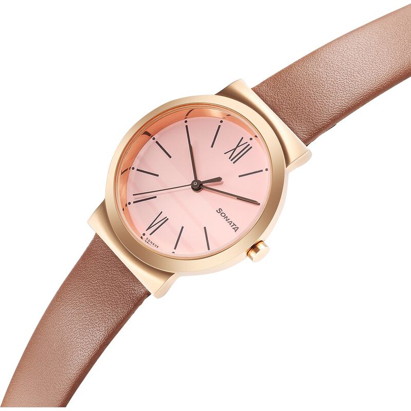 Sonata Essentials Pink Dial Leather Strap Watch for Women