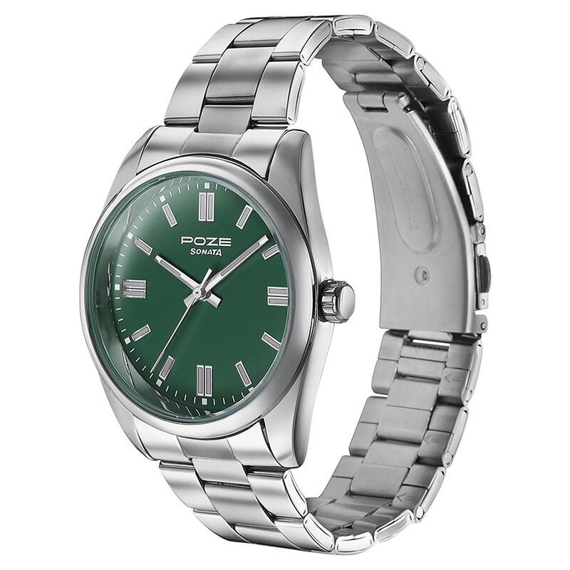 Sonata Poze Quartz Analog Green Dial Metal Strap Watch for Men
