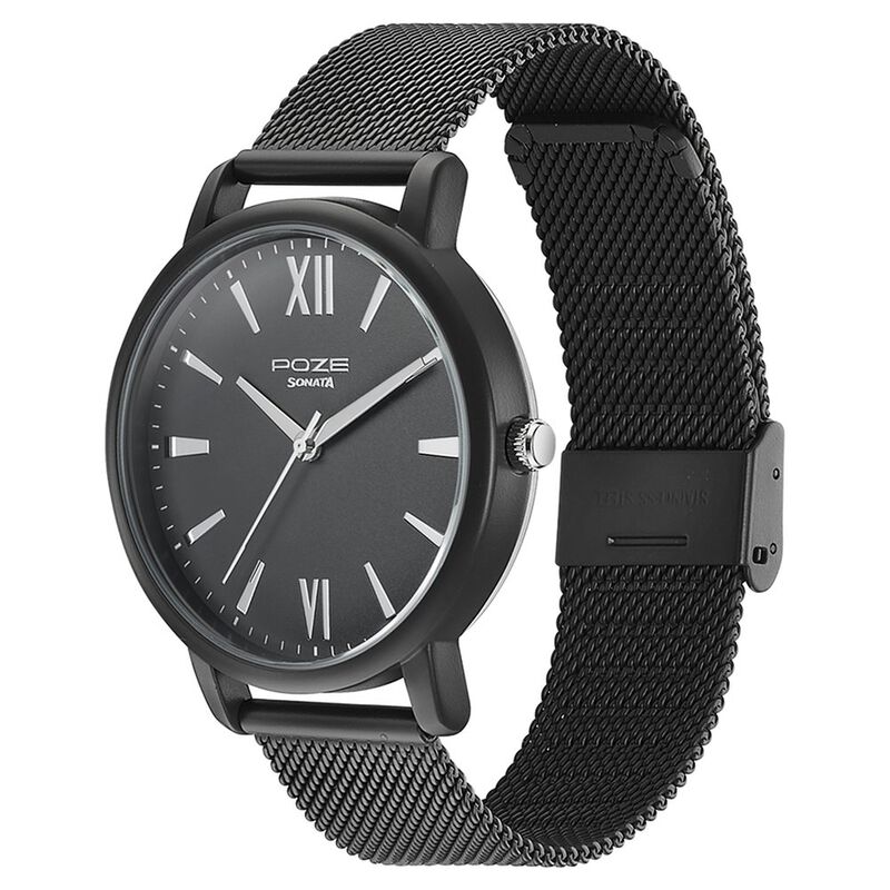 Sonata Poze Quartz Analog Black Dial Mesh Strap Watch For Men