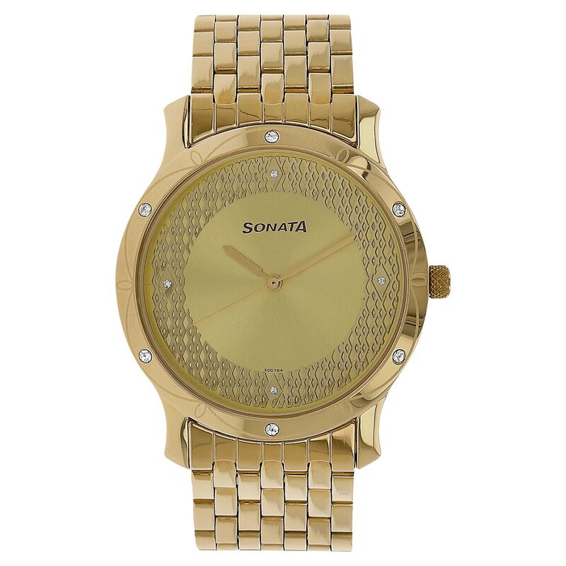Buy Online Sonata Quartz Analog Champagne Dial Stainless Steel Strap ...