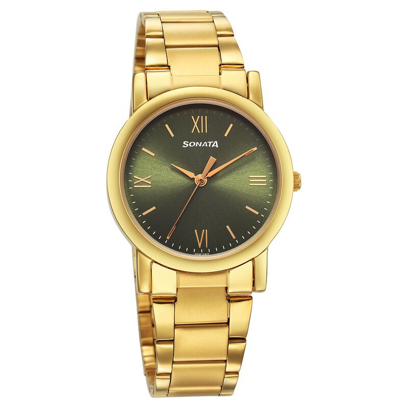 Buy Online Sonata Classic Quartz Analog Green Dial Golden Stainless ...