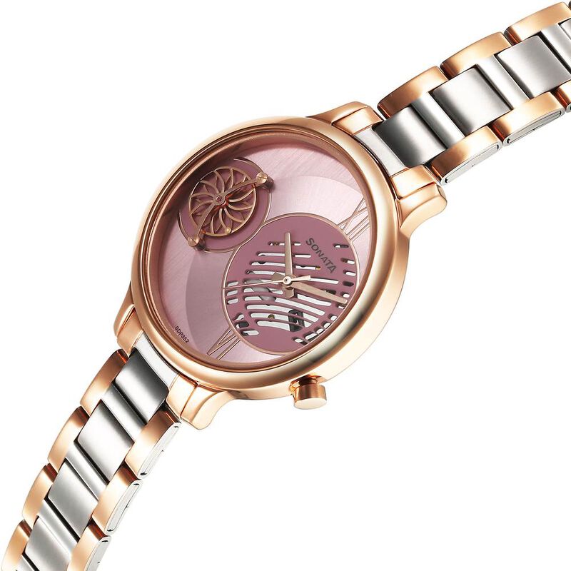 Sonata Unveil Quartz Analog Pink Dial Metal Strap Watch for Women