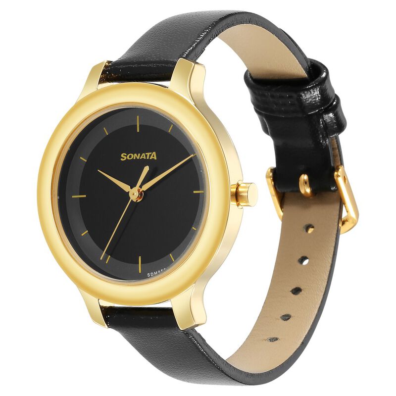 Sonata Gold Edit Black Dial Women Watch With Leather Strap