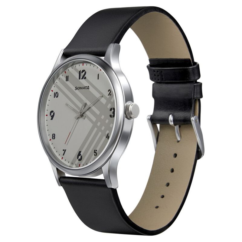 Sonata Smart Plaid Quartz Analog White Dial Leather Strap Watch for Men