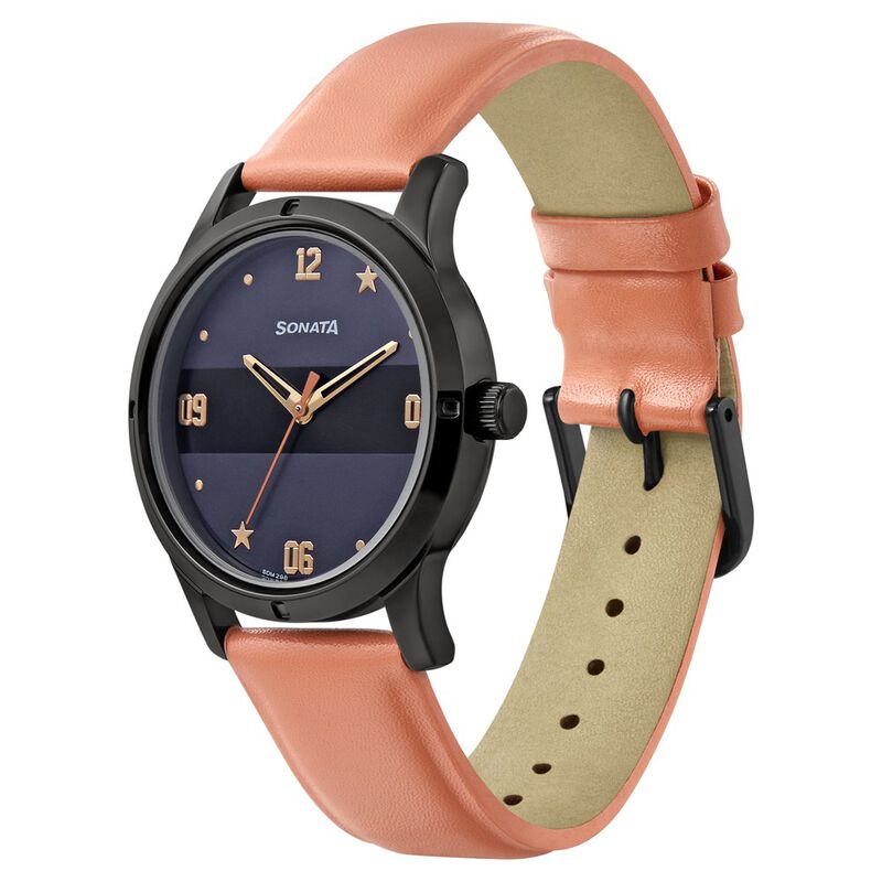 Sonata Women of Steel Black Dial Leather Strap Watch for Women