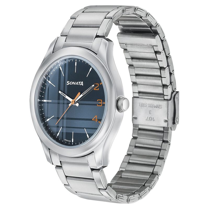 Sonata Quartz Analog Blue Dial Stainless Steel Strap Watch for Men