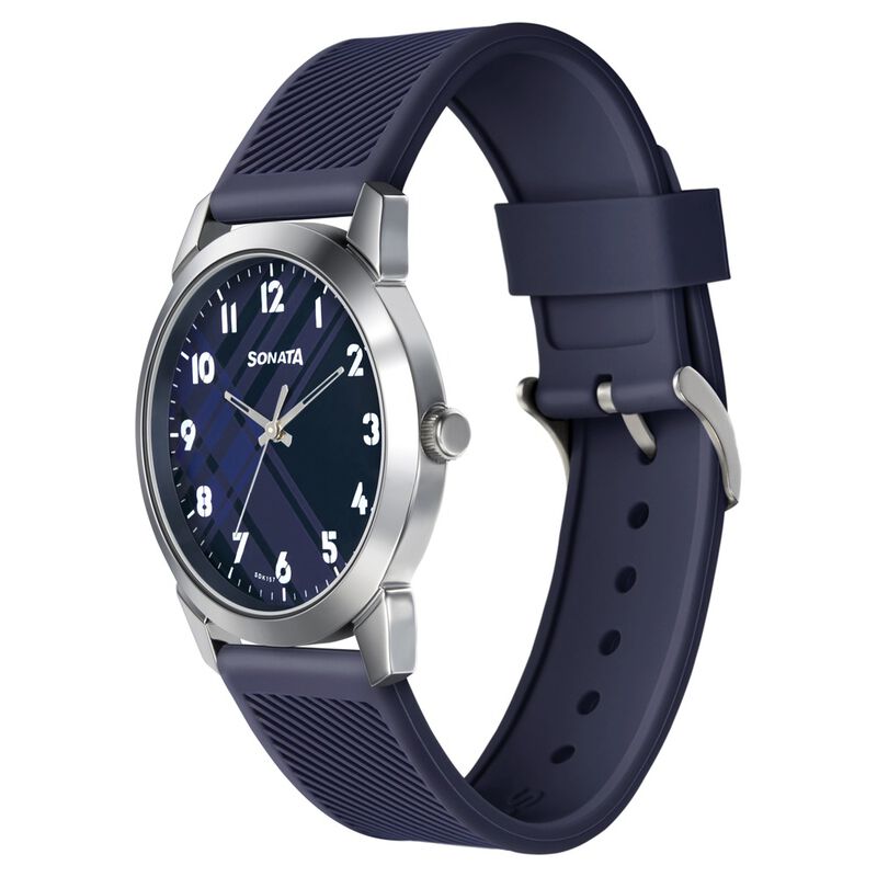 Sonata Smart Plaid Quartz Analog Blue Dial TPU Strap Watch for Men