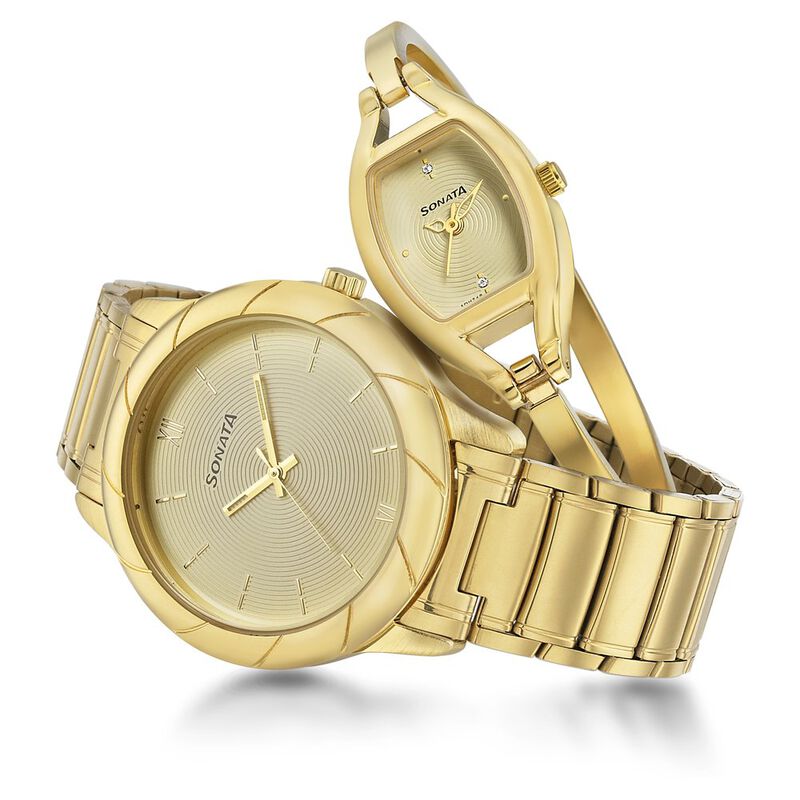 Sonata Quartz Analog Beige Dial Stainless Steel Strap Watch for Couple