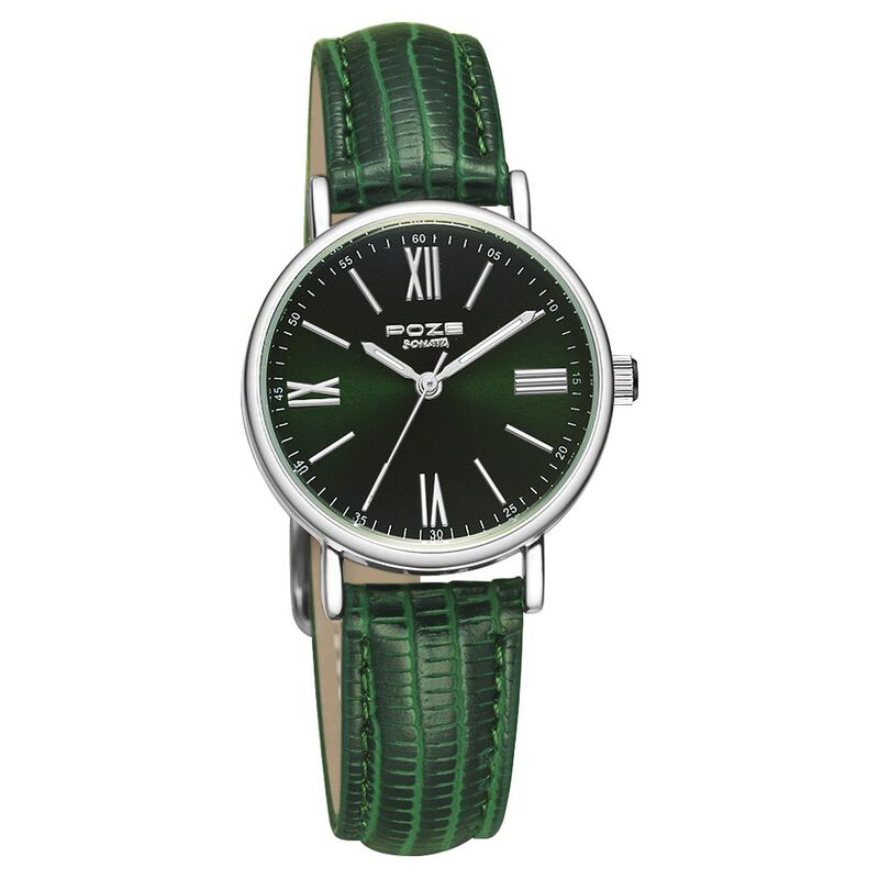 Poze by Sonata Quartz Analog Green Dial PU Leather Strap Watch for Women