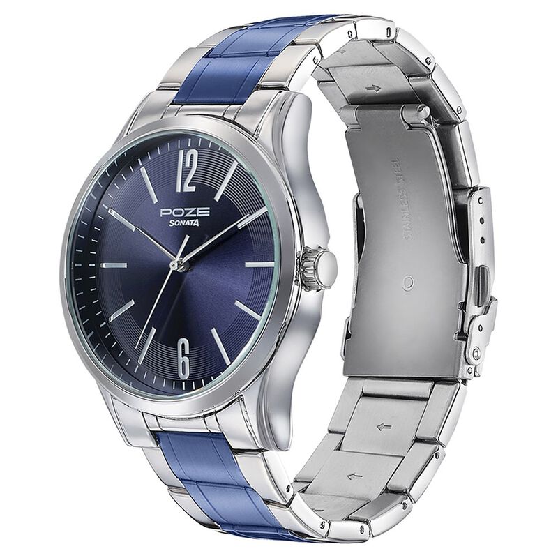 Sonata Poze Quartz Analog Blue Dial Metal Strap Watch for Men