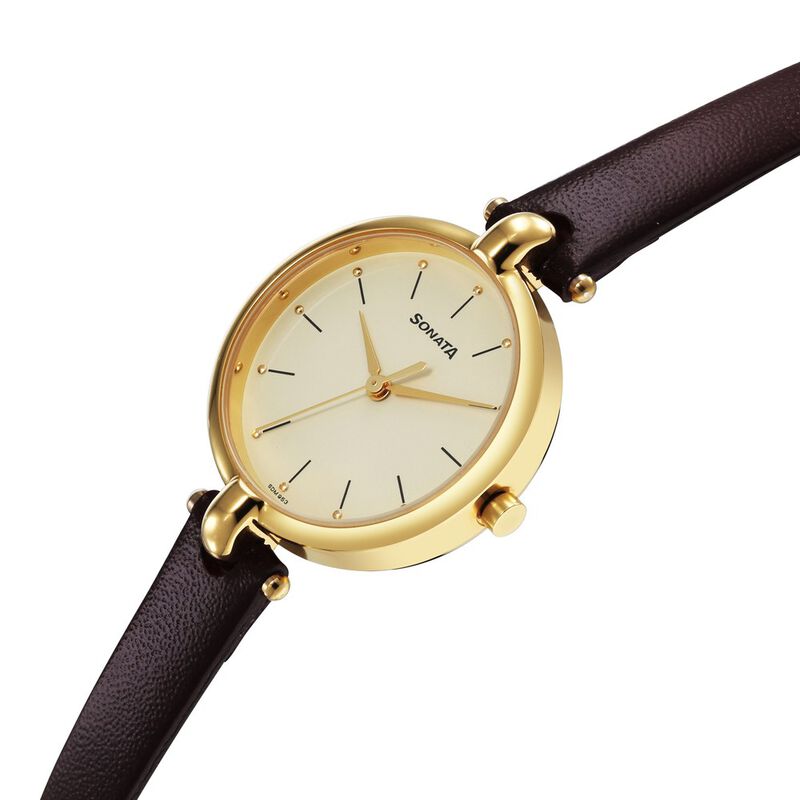 Sonata Gold Edit Champagne Dial Women Watch With Leather Strap