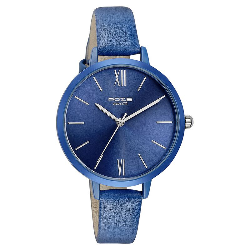 Sonata Poze Quartz Analog Blue Dial Leather Strap Watch for Women