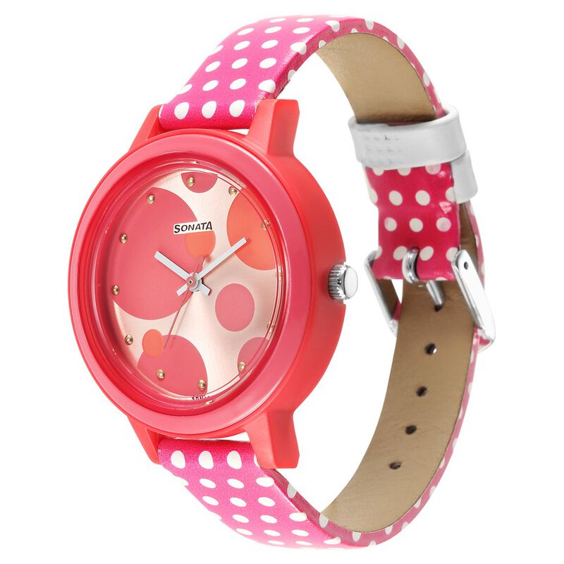 Sonata Dot to Dot Pink Dial Leather Strap Watch for Women