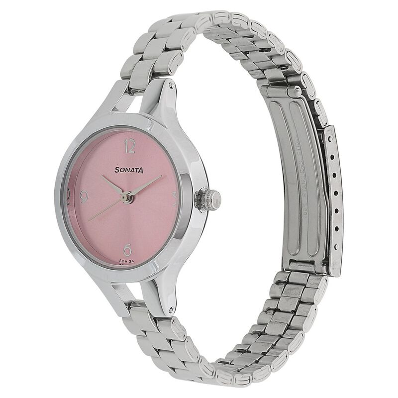 Sonata Steel Daisies Pink Dial Women Watch With Stainless Steel Strap