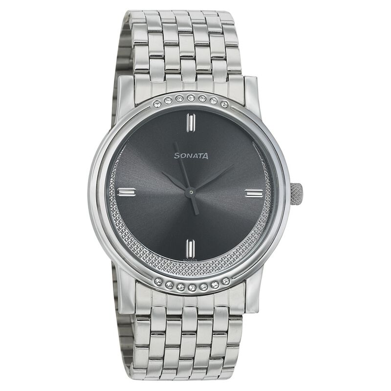 Buy Online Sonata Quartz Analog Black Dial Stainless Steel Strap Watch ...