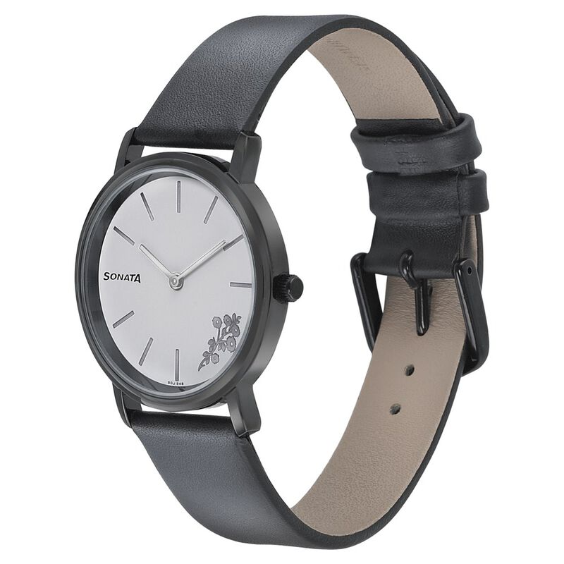 Sonata Silver Lining White Dial Women Watch With Leather Strap