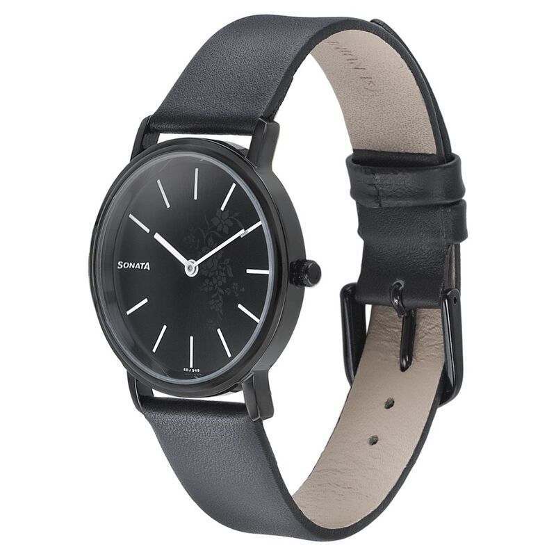 Sonata Silver Lining Black Dial Women Watch With Leather Strap