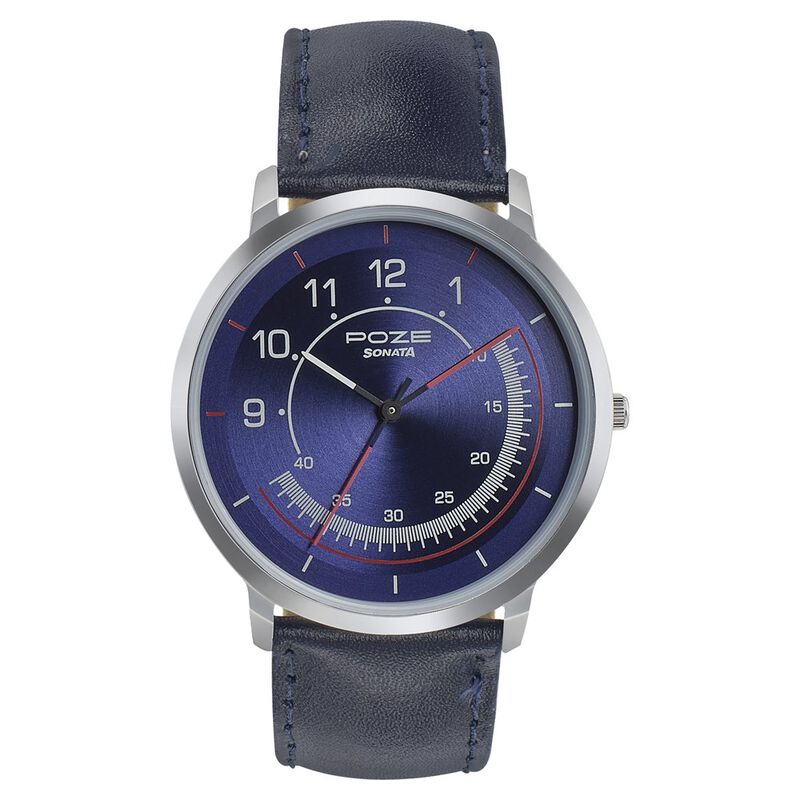Sonata Poze Quartz Analog Blue Dial Leather Strap Watch for Men