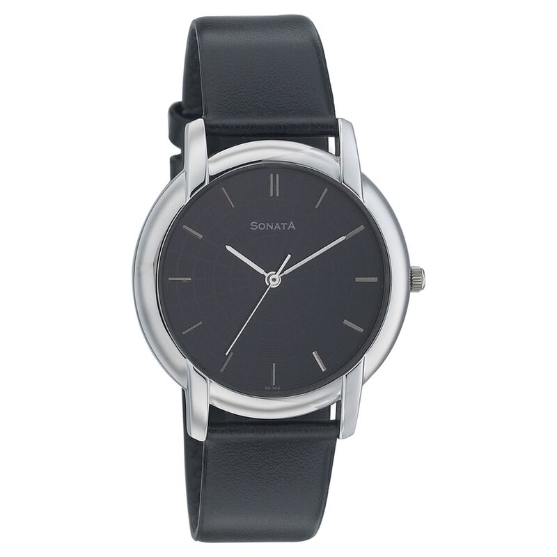 Buy Online Sonata Quartz Analog Black Dial Leather Strap Watch for Men ...