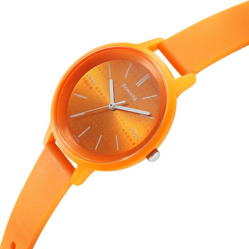 Sonata Splash Quartz Analog Orange Dial Plastic Strap Watch for Women