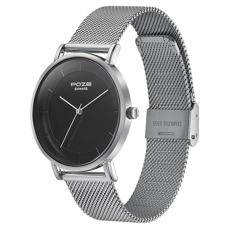 Sonata Poze Quartz Analog Black Dial Mesh Strap Watch For Men