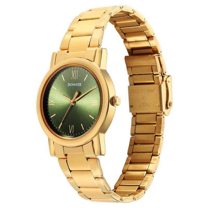 Sonata Classic Quartz Analog Green Dial Golden Stainless Steel Strap ...