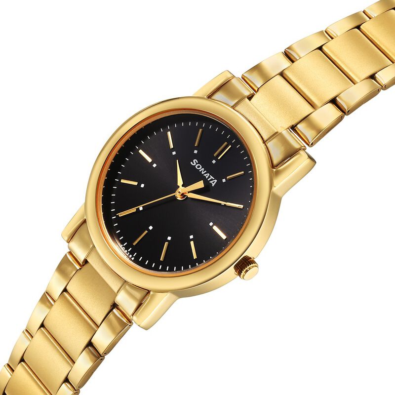 Sonata Classic Quartz Analog Black Dial Golden Stainless Steel Strap ...