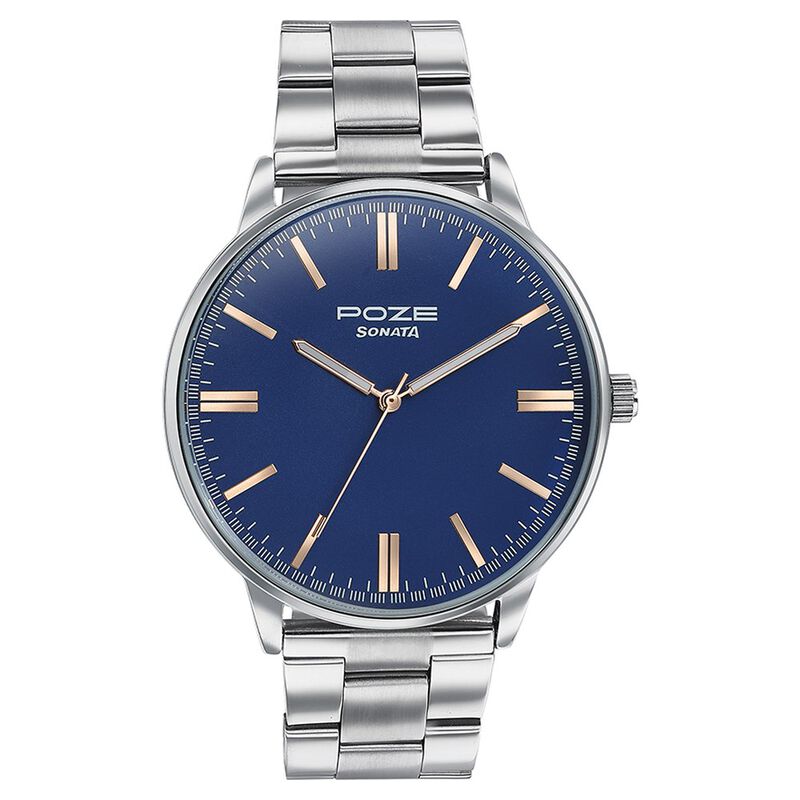 Sonata Poze Quartz Analog Blue Dial Metal Strap Watch for Men