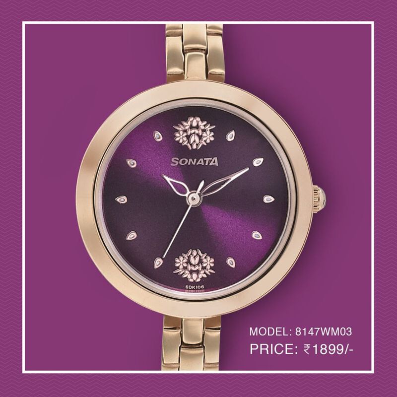 Sonata Wedding Purple Dial Women Watch With Stainless Steel Strap