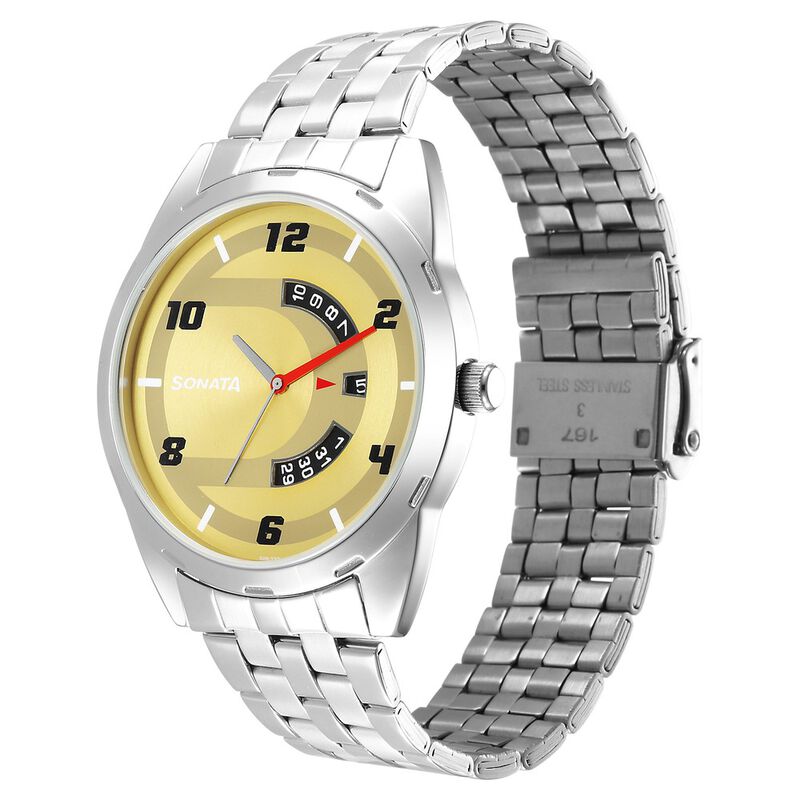 Sonata RPM Champagne Dial Stainless Steel Strap Watch for Men