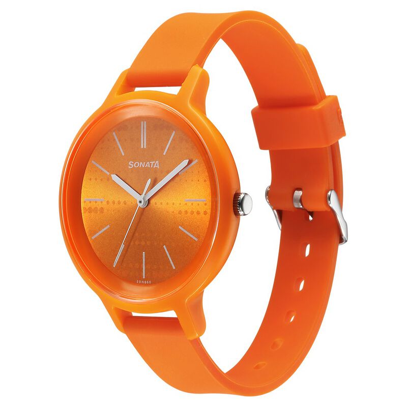 Sonata Splash Quartz Analog Orange Dial Plastic Strap Watch for Women