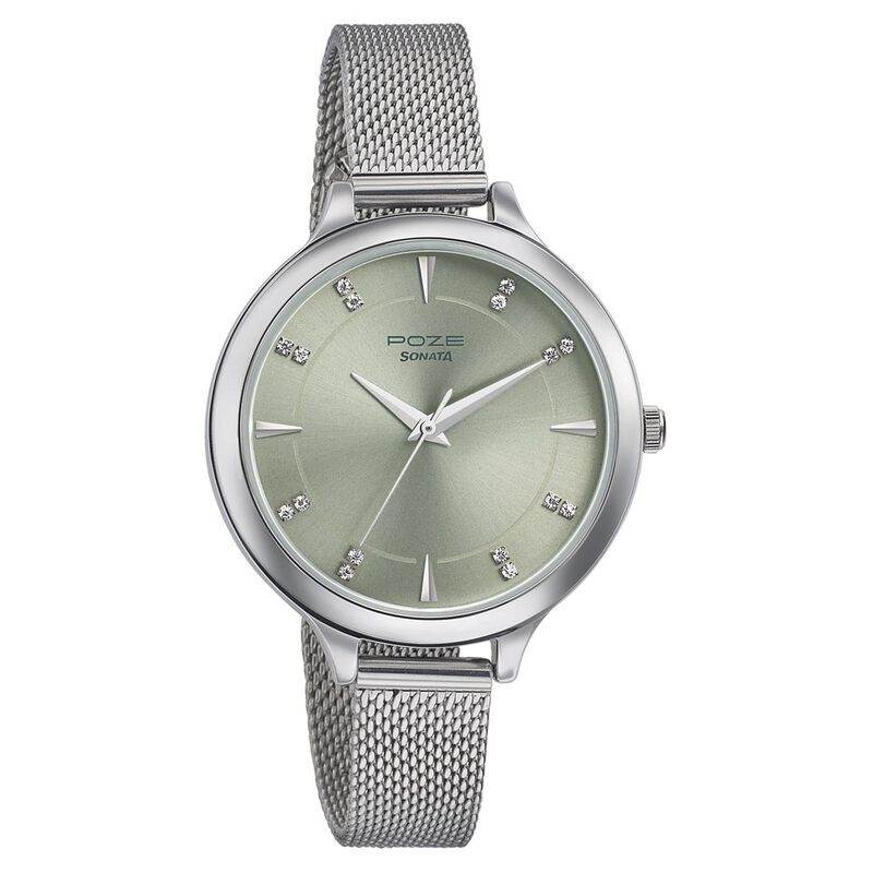 Sonata Poze Quartz Analog Green Dial Stainless Steel Strap Watch for Women