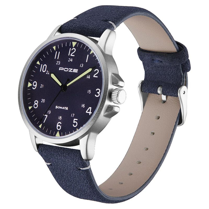 Poze by Sonata Quartz Analog Blue Dial PU Leather Strap Watch for Men