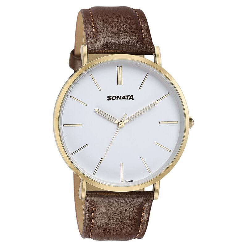 Sonata Quartz Analog White Dial Brown Leather Strap Watch For Men
