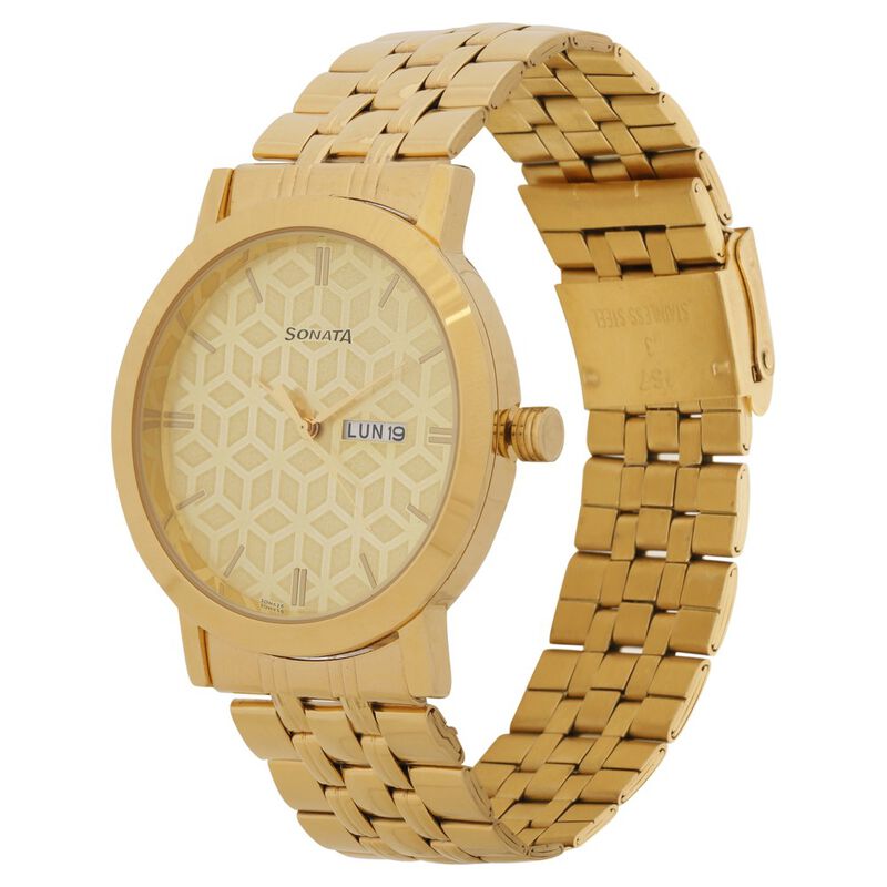 Sonata Quartz Analog with Day and Date Golden Dial Stainless Steel ...