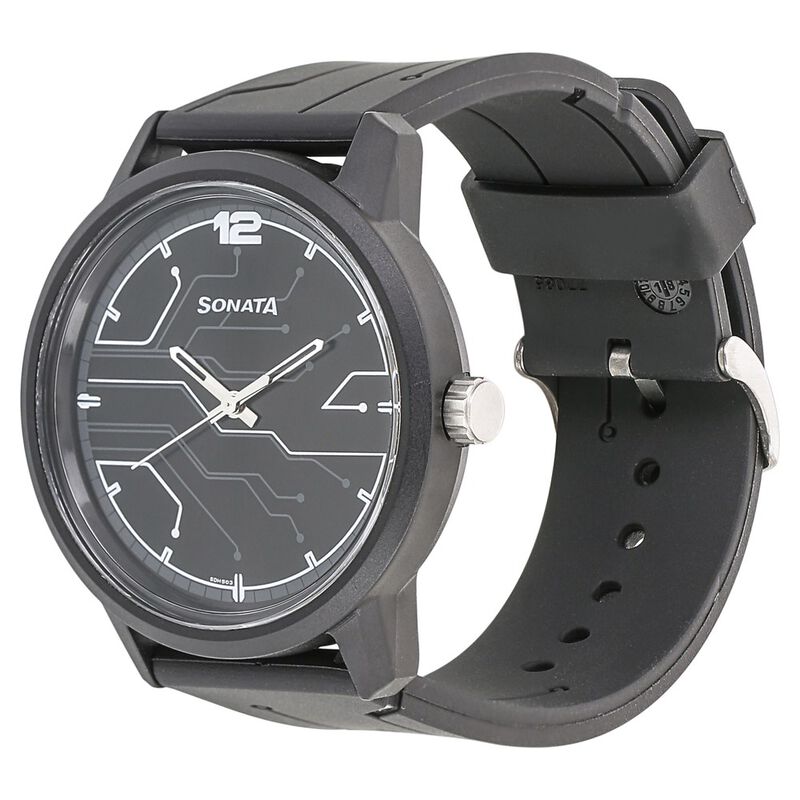 Sonata Quartz Analog Black Dial Plastic Strap Watch for Men