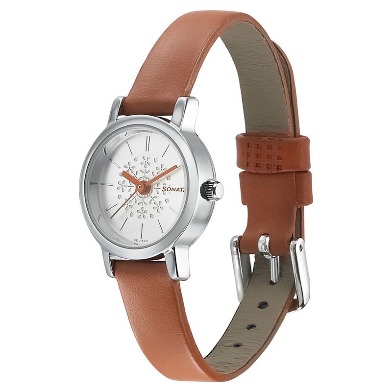 Sonata Floral Folkart Silver Dial Women Watch With Leather Strap