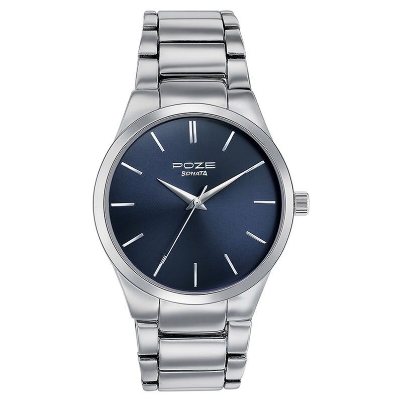 Sonata Poze Quartz Analog Blue Dial Metal Strap Watch for Men