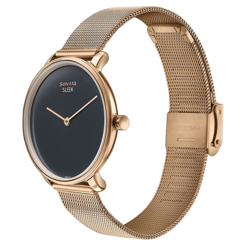 Sonata Sleek Quartz Analog Black Dial Rose Gold Stainless Steel Strap ...