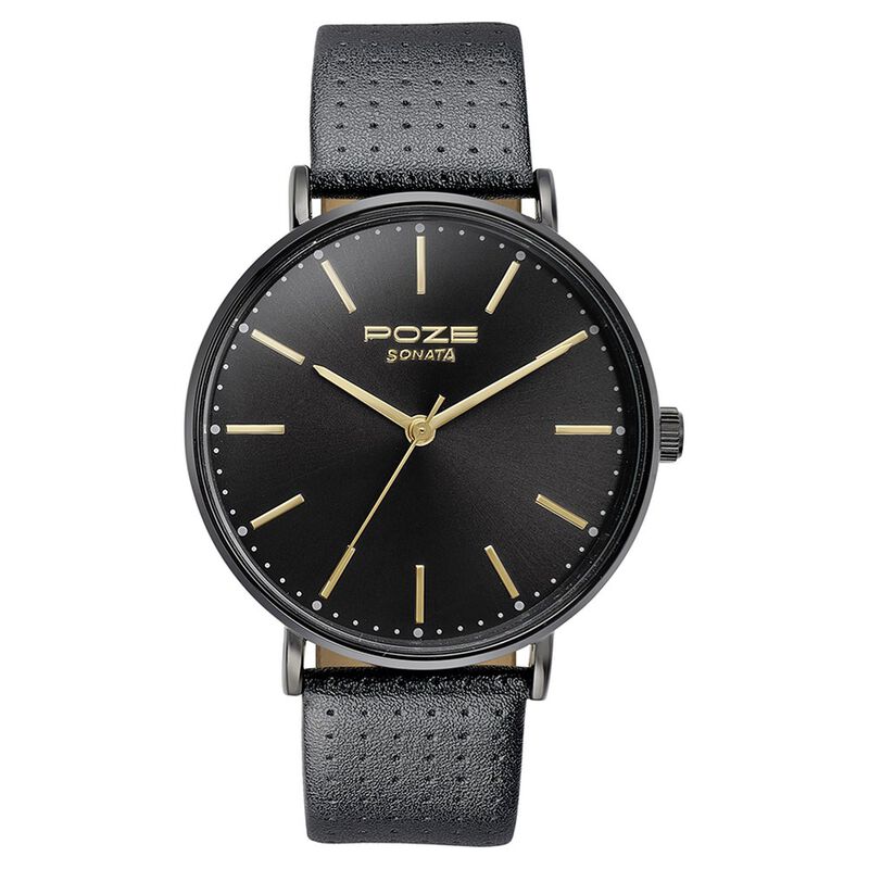 Sonata Poze Quartz Analog Black Dial Leather Strap Watch For Men