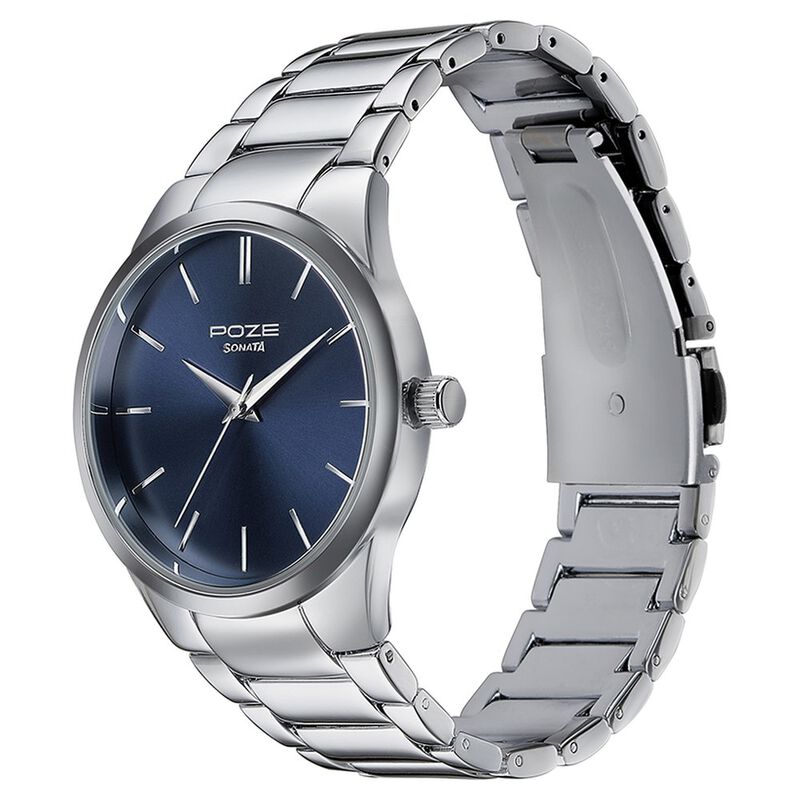 Sonata Poze Quartz Analog Blue Dial Metal Strap Watch for Men