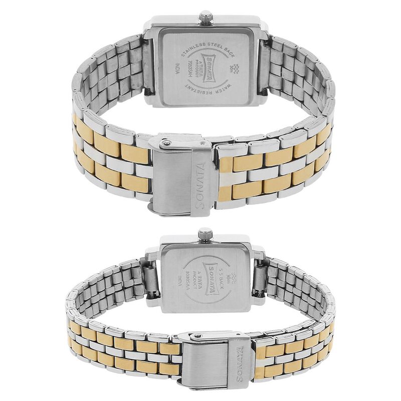 Sonata Quartz Analog Champagne Dial Stainless Steel Strap Watch for Couple