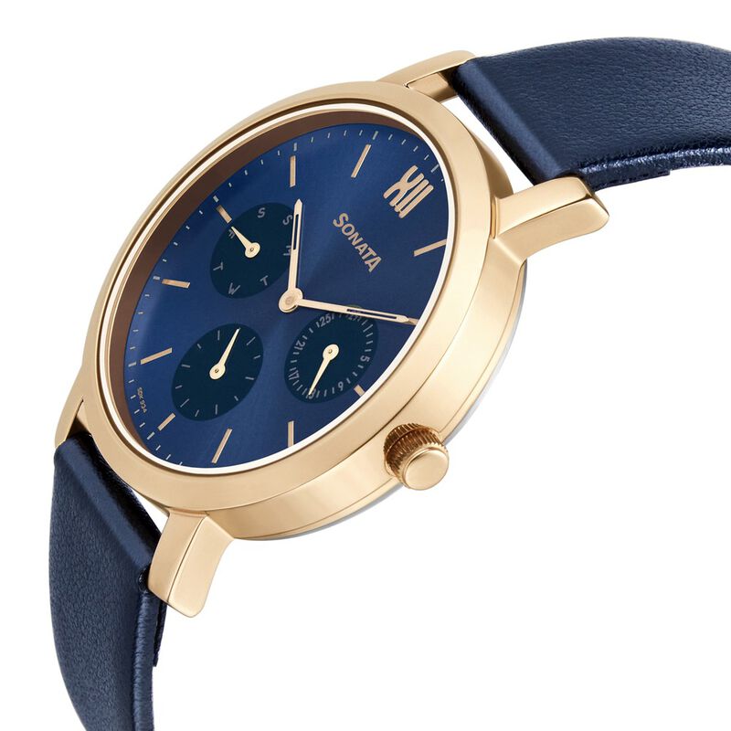 Sonata Multifunctions Blue Dial Women Watch With Leather Strap