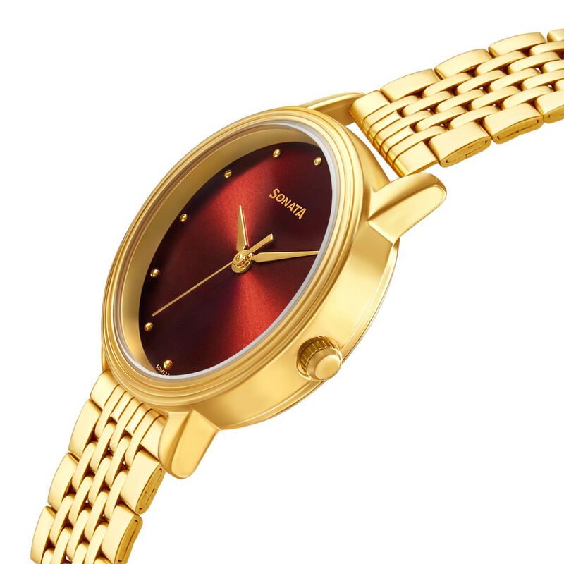 Sonata Gold Edit Maroon Dial Women Watch With Stainless Steel Strap