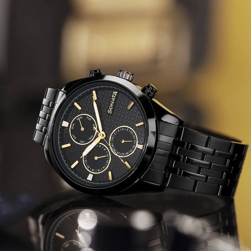 Buy Online Sonata Magna Quartz Multifunction Black Dial Black Stainless ...
