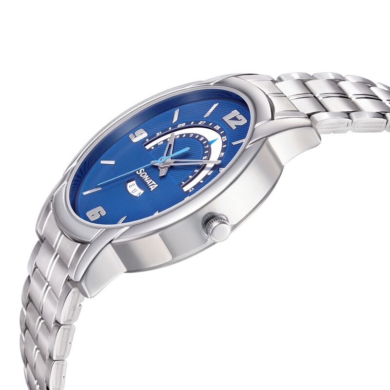 Sonata RPM Quartz Analog with Day and Date Blue Dial Metal Strap Watch ...