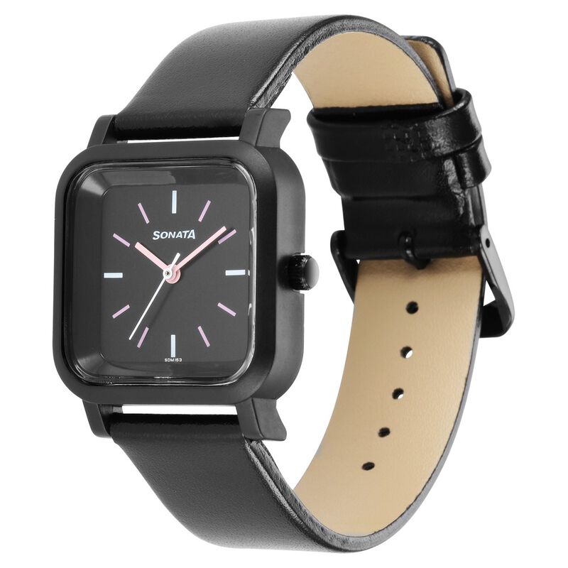 Sonata Pop Black Dial Women Watch With Leather Strap