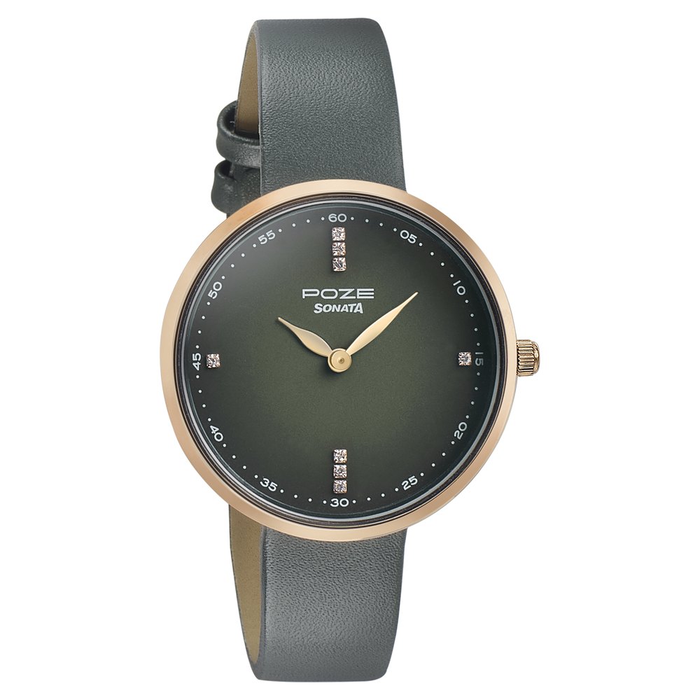 Buy Online Sonata Poze Quartz Analog Green Dial Leather Strap Watch for ...